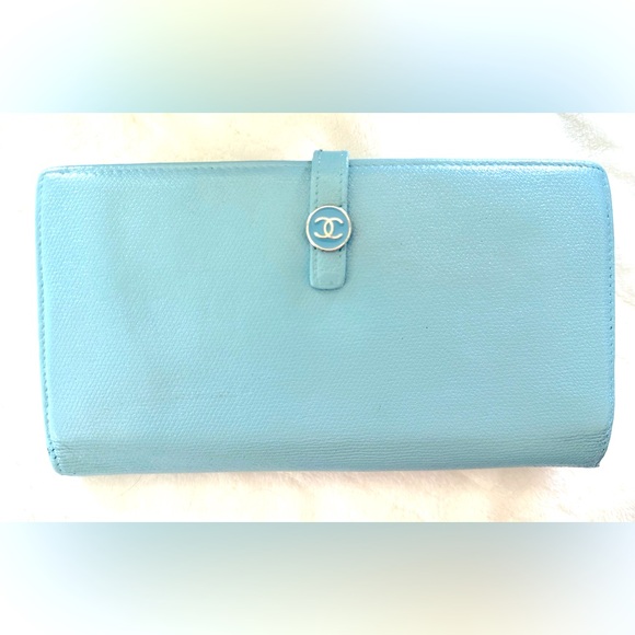 CHANEL | Bags | Vintage Chanel Coco Button Powder Blue Leather Wallet ...